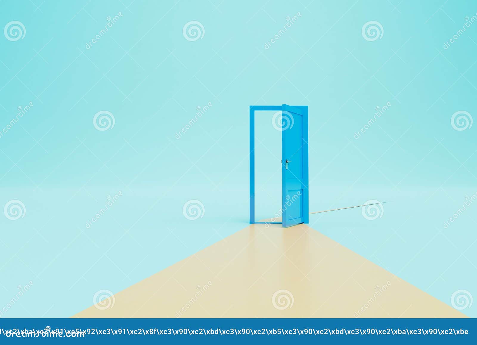 Open Door at the End of the Path. Road and Blue Open Door on a Blue ...