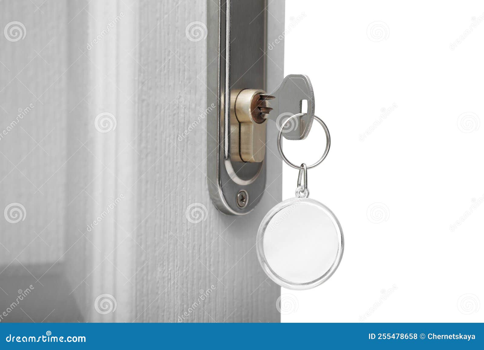 Open Door with Key on Blurred Background, Closeup Stock Photo - Image ...