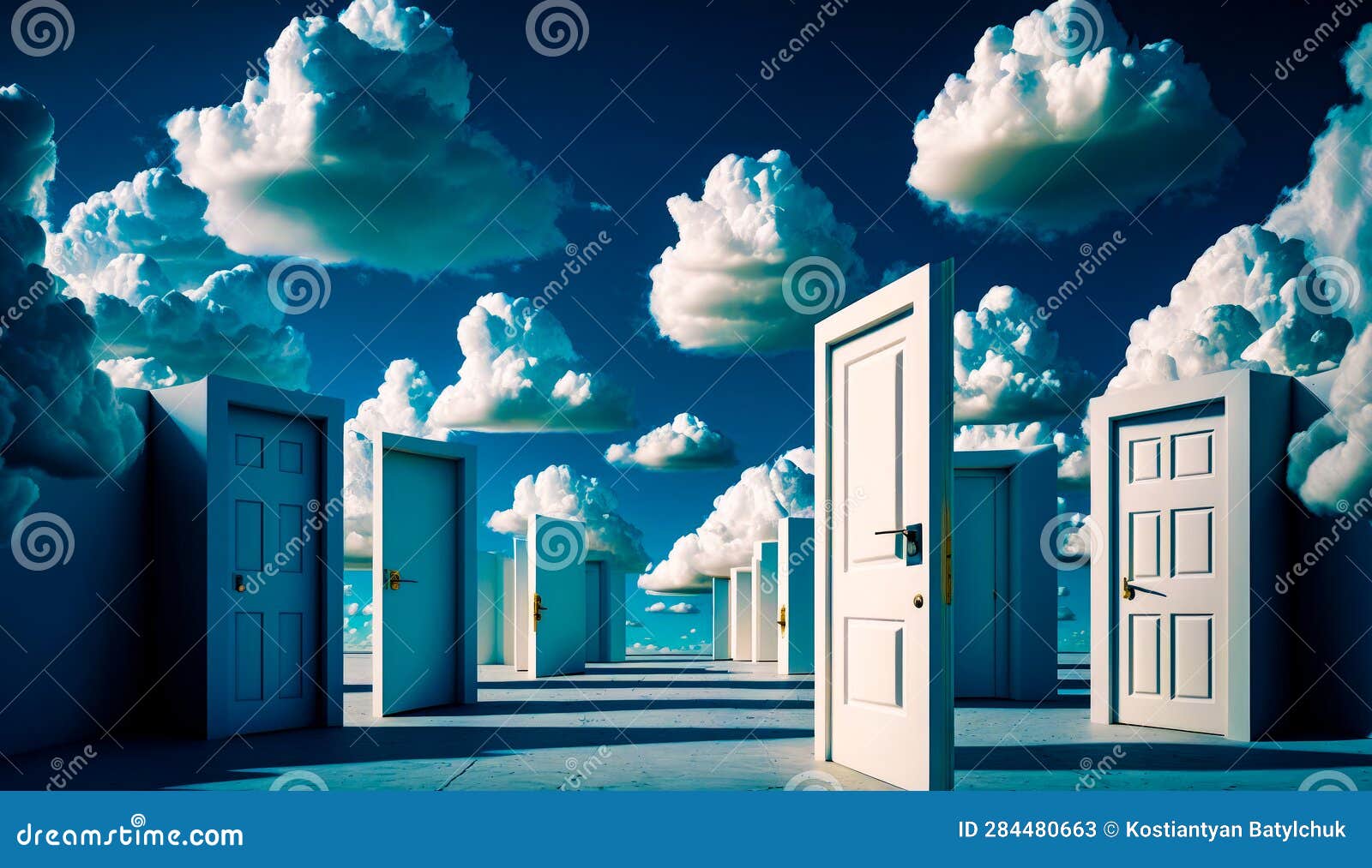 Open Door Leading To Another Open Door In Blue Sky Filled With Clouds ...