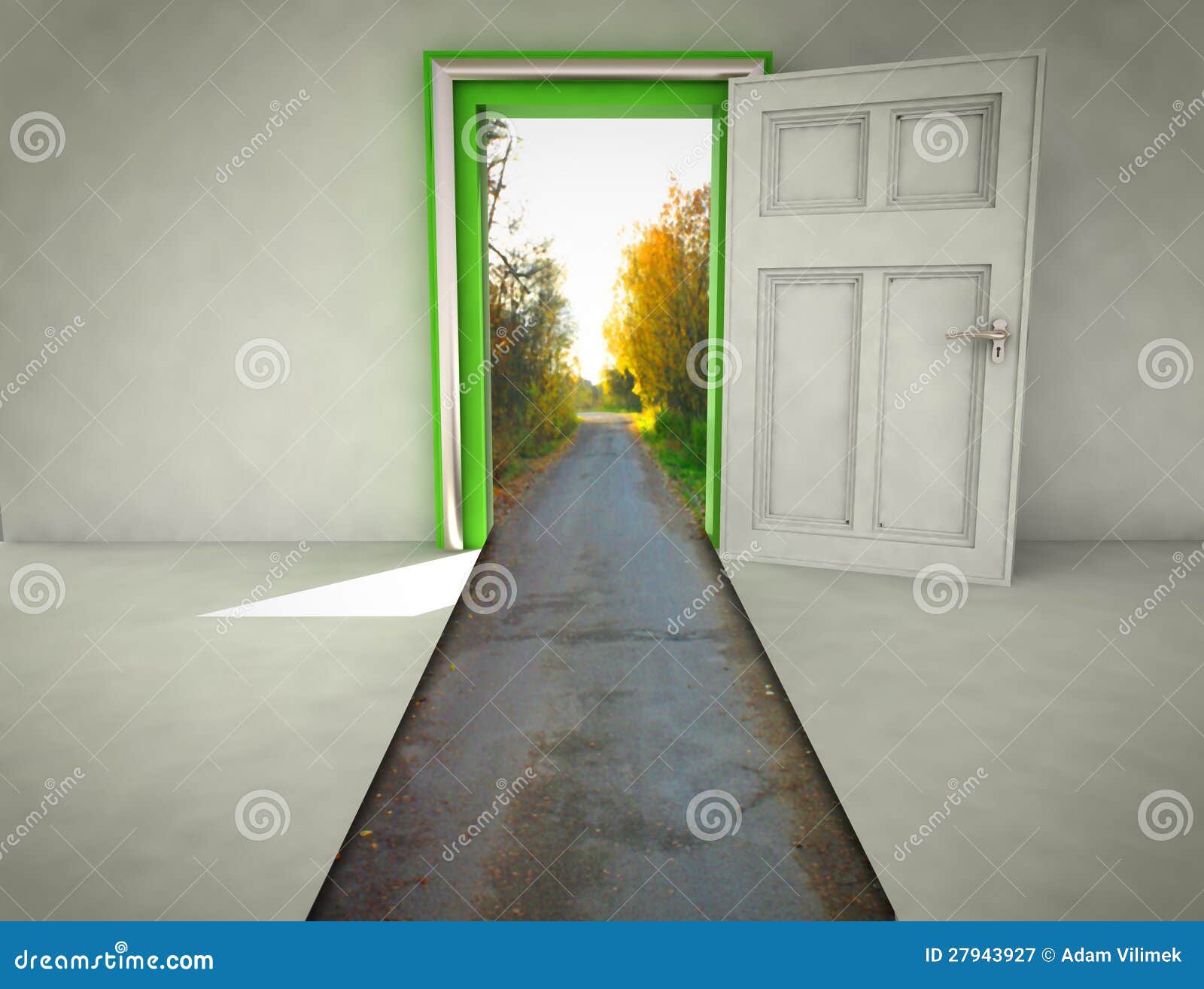 Open Door with Road Way To Nature Stock Illustration - Illustration of ...
