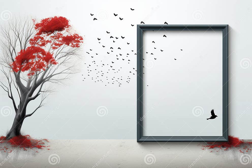 An Open Door with a Tree and Birds Flying Out of it Stock Illustration ...