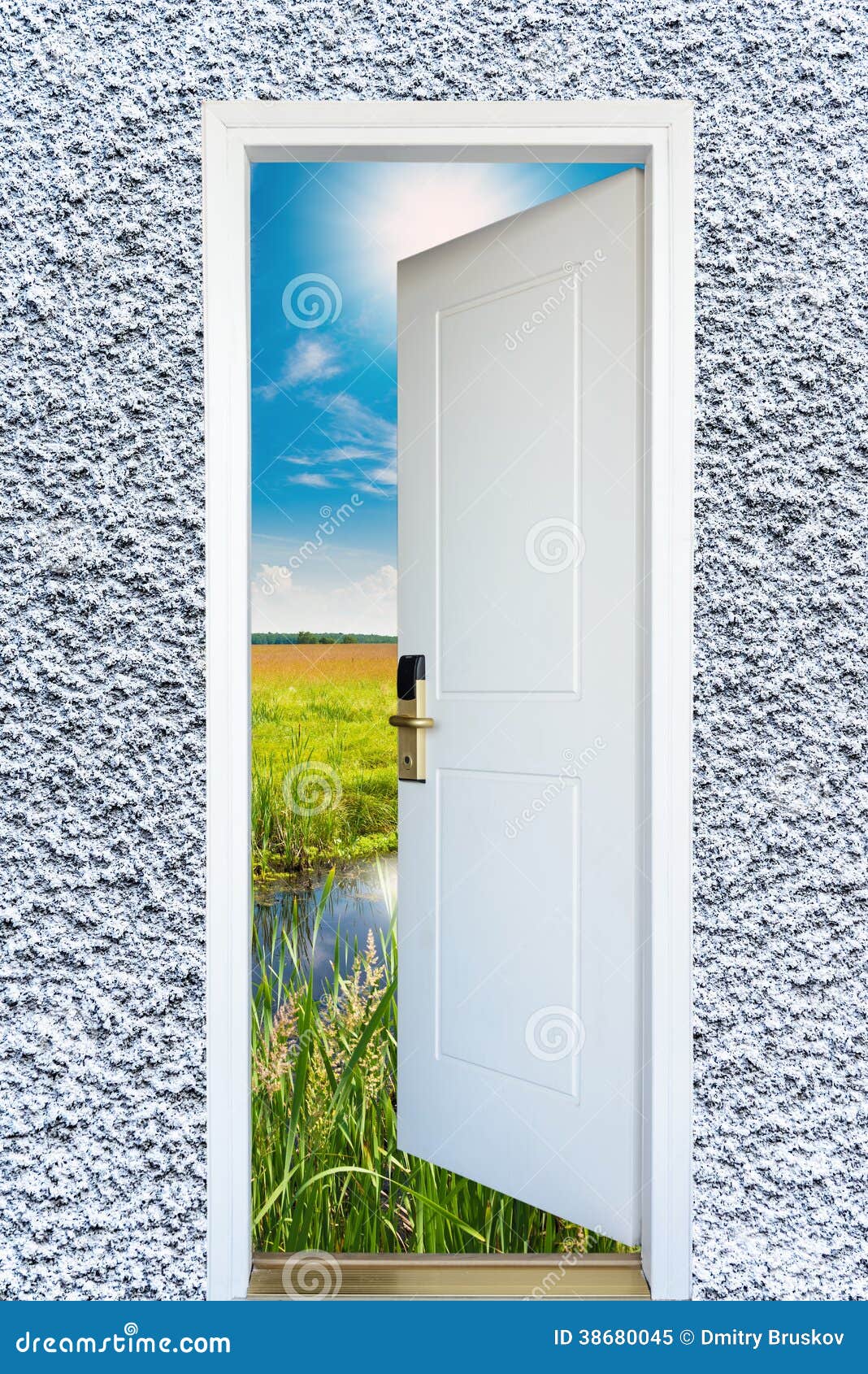 Open Door with a View of Green Meadow Illuminated Stock Image - Image ...