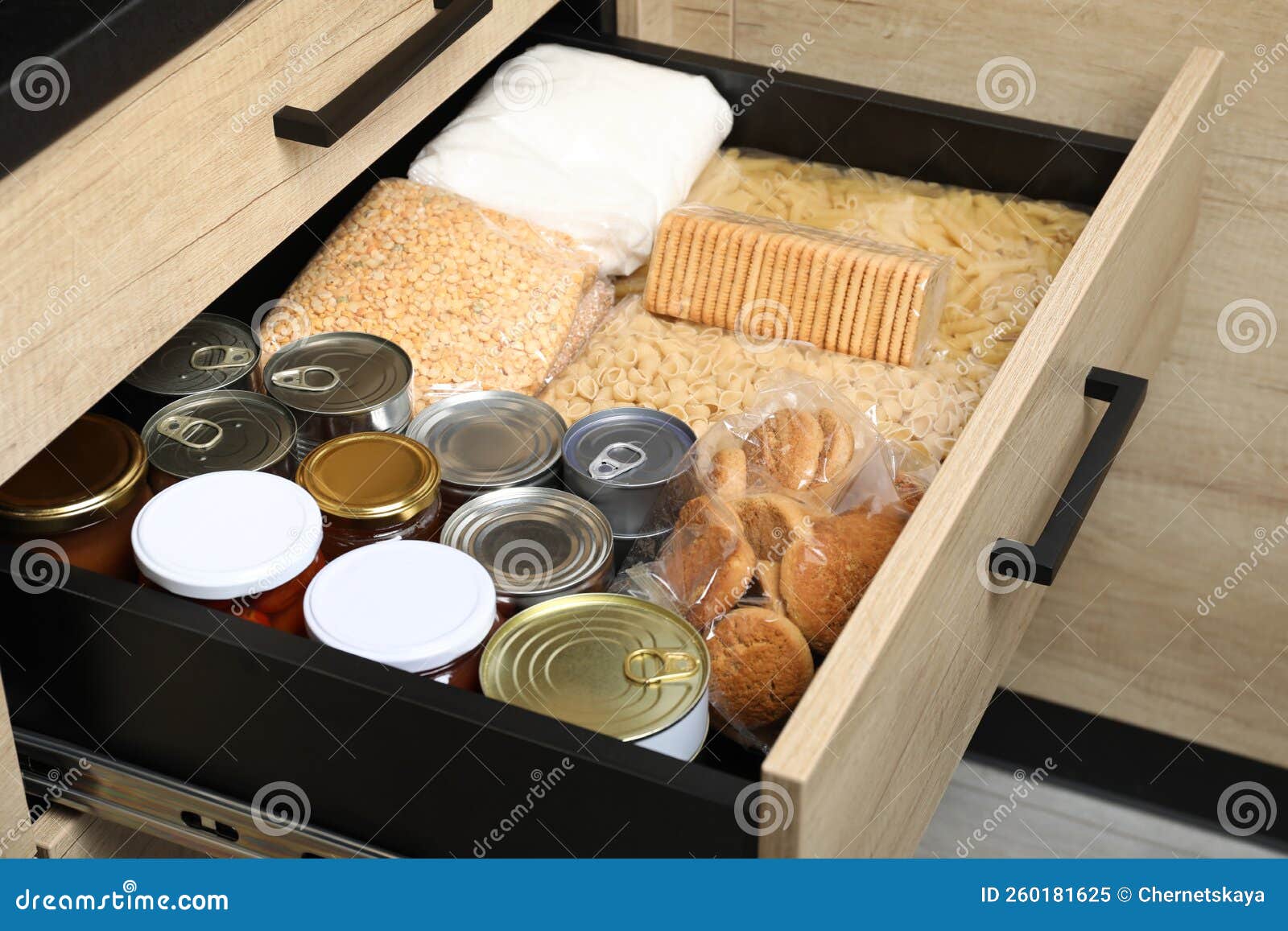 Open Drawer with Different Products. Food Donation Stock Image - Image ...