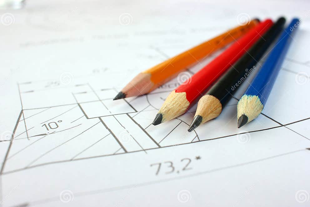Open Drawings with a Pencil. Engineering and Design Stock Image - Image ...