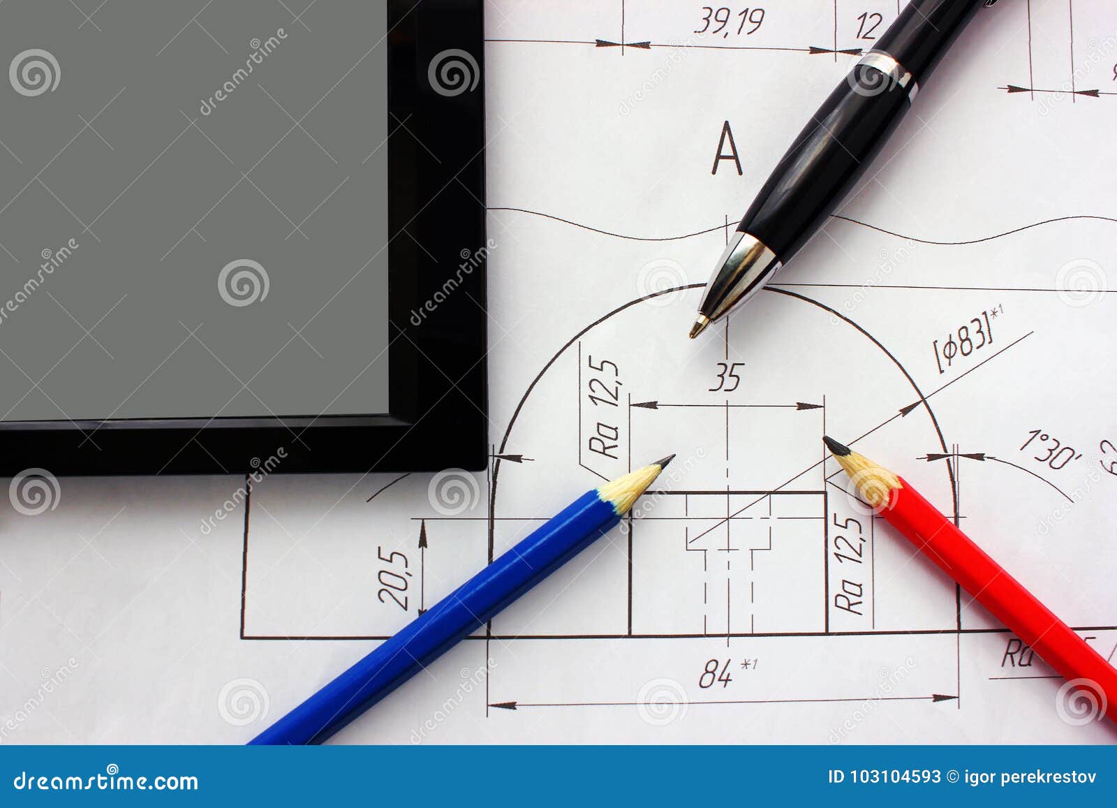 Open Drawings with a Pencil. Engineering and Design Stock Image - Image ...