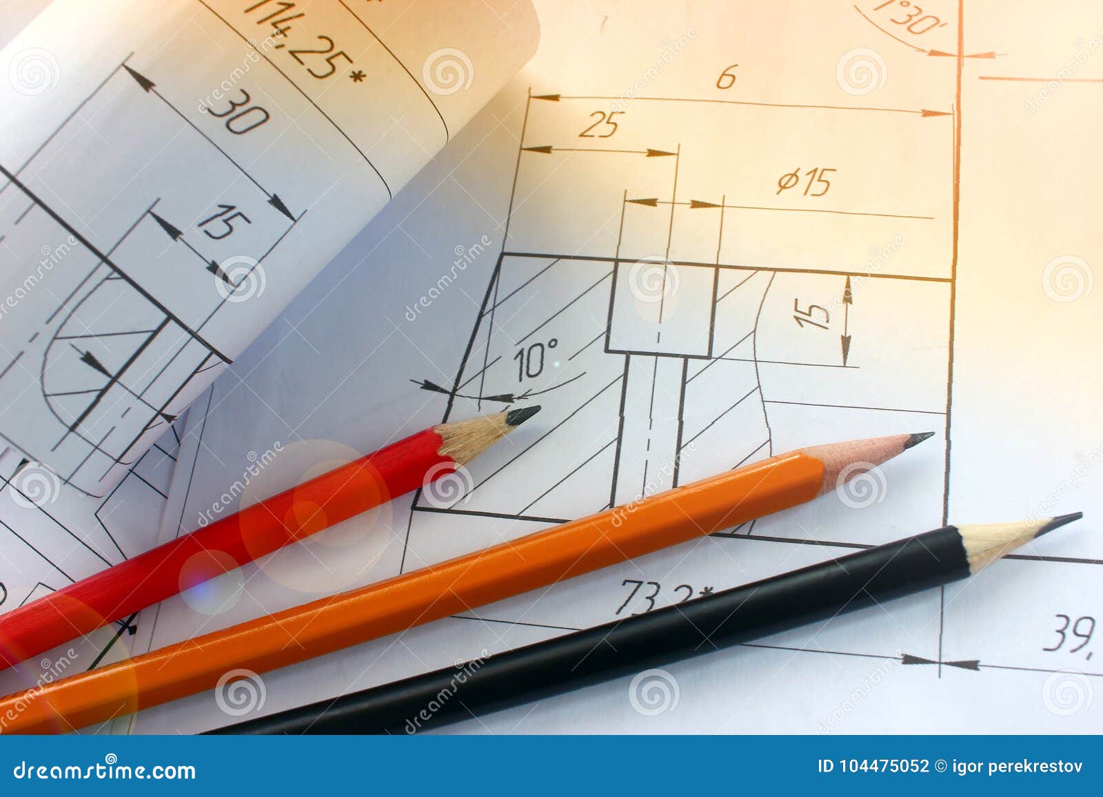Open Drawings with a Pencil. Engineering and Design Stock Photo - Image ...