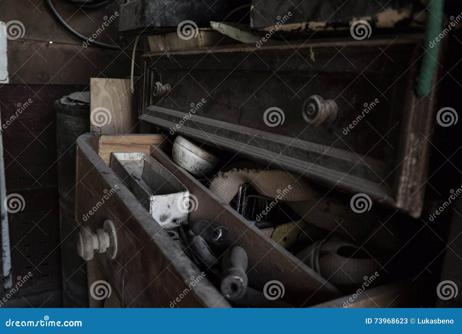 Open Dusty Old Drawer Full of Tools in the Workshop Stock Image - Image ...