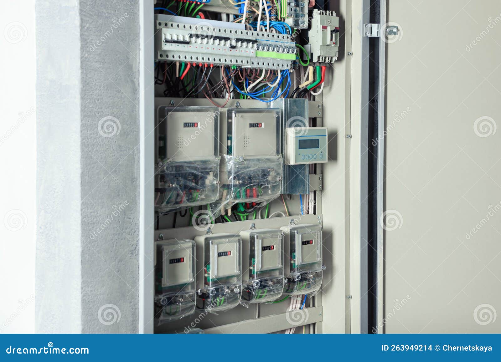Open Electrical Fuse Box with Many Electric Meters Stock Photo - Image ...
