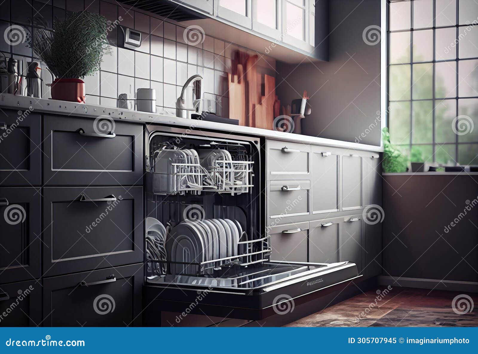 Open Empty Dishwasher in a Modern Kitchen. Integrated Dishwasher with ...