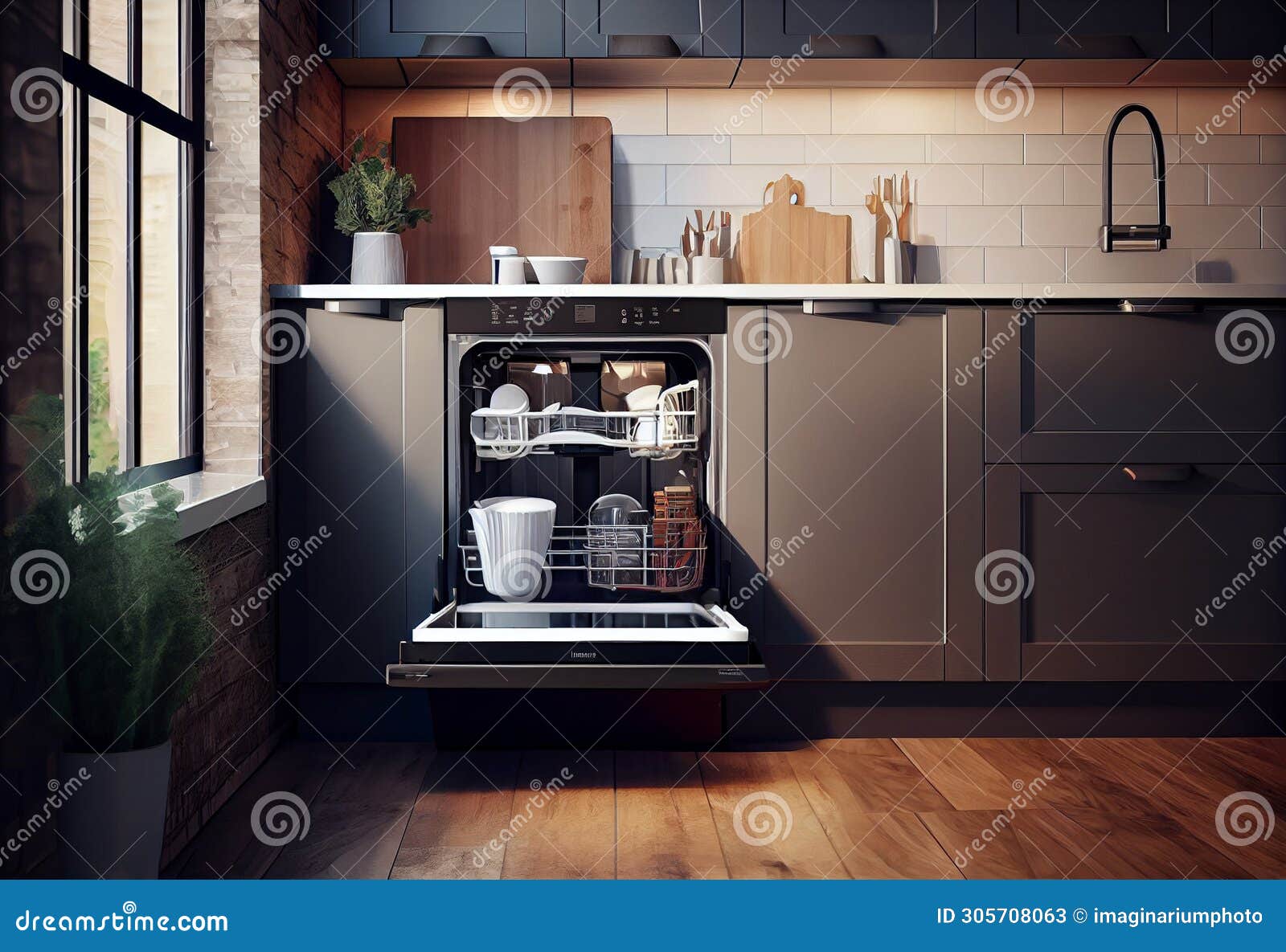 Open Empty Dishwasher in a Modern Kitchen. Integrated Dishwasher with ...