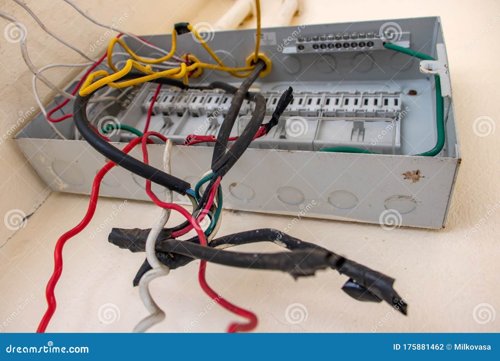 A Open Empty Electricity Fuse Box with Cables on White Wall. Stock ...