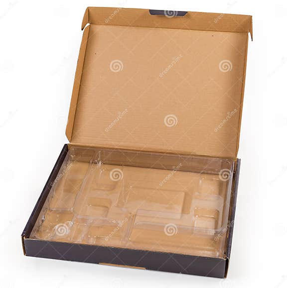 Open Empty Flat Corrugated Packing Box with Plastic Spacer Insert Stock ...