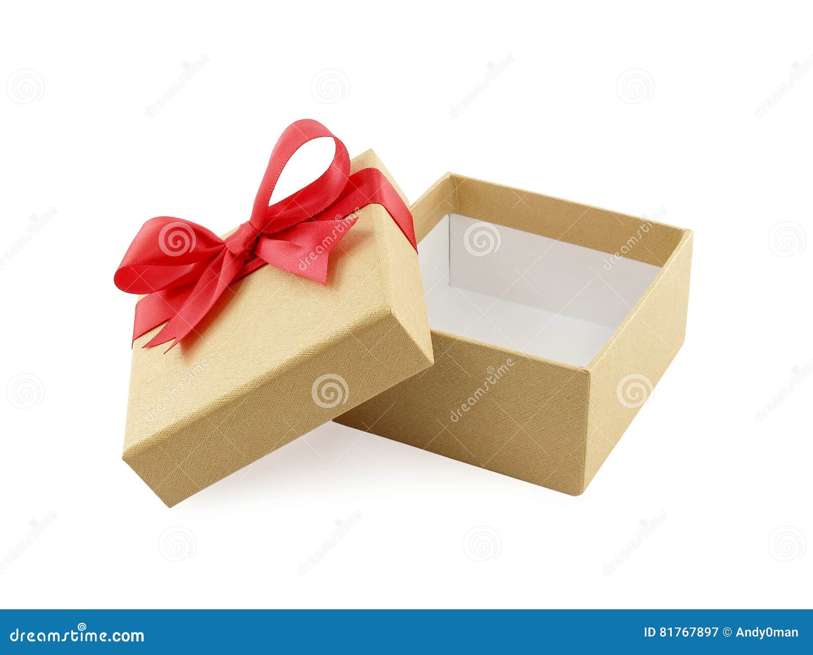 Open Empty Beige Gold Gift Box with Red Ribbon Bow Wrapped Around Lid ...