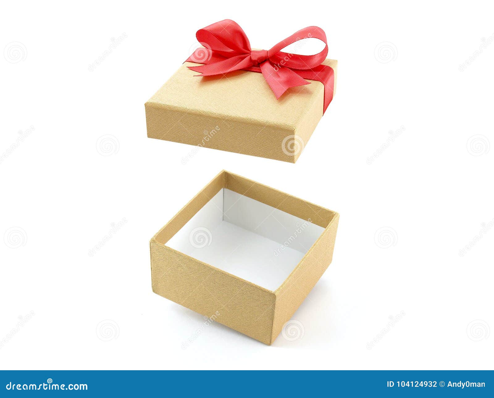 Single Open Empty Beige Gold Gift Box with Red Ribbon Bow (lid is ...