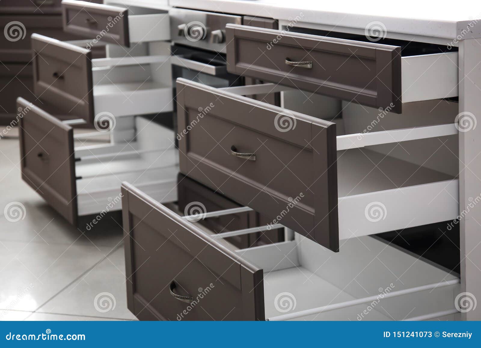 Open empty kitchen drawers stock image. Image of dinnerware - 151241073
