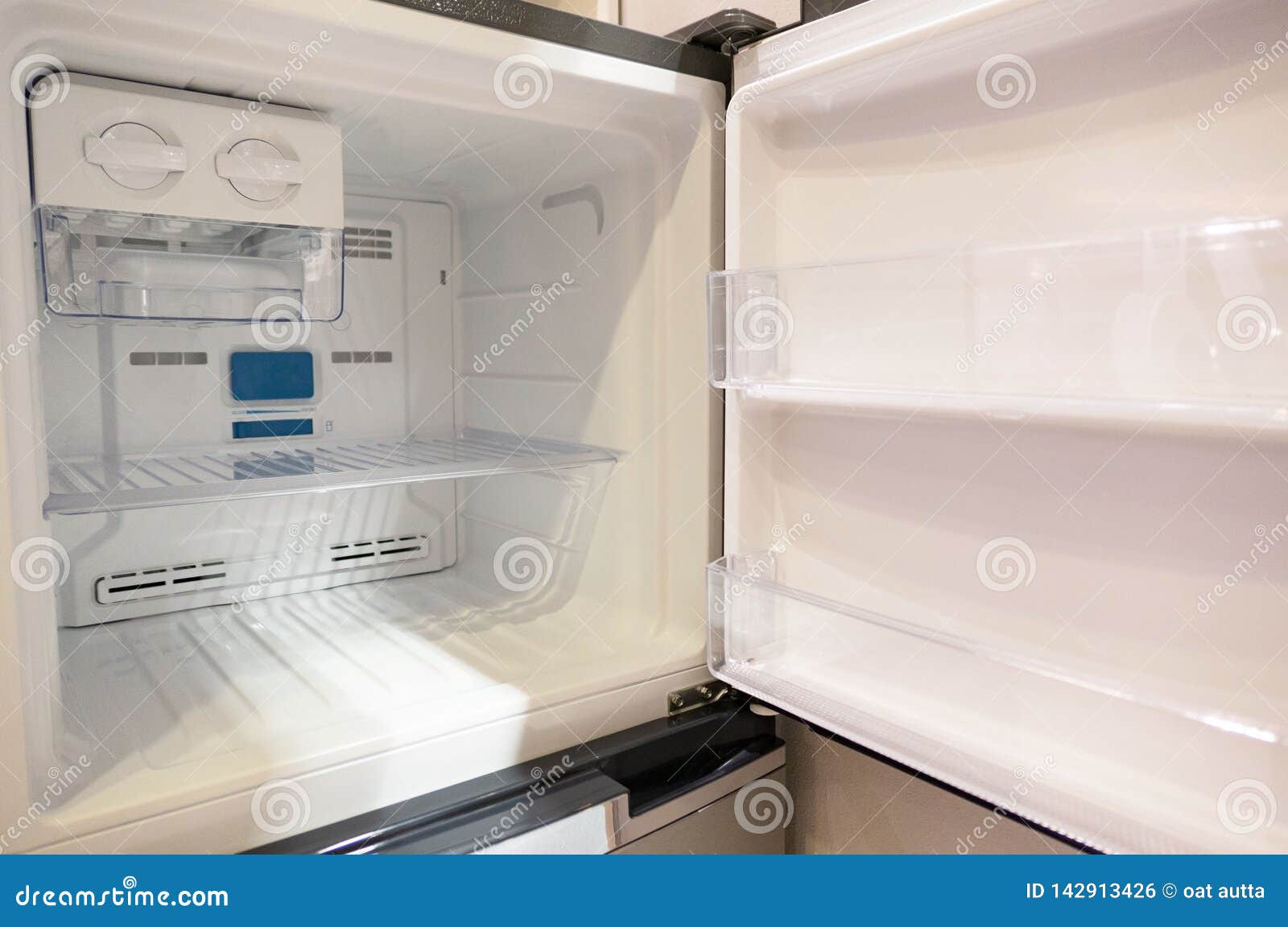 Open Empty New White Refrigerator Inside Fridge with Shelves Stock ...
