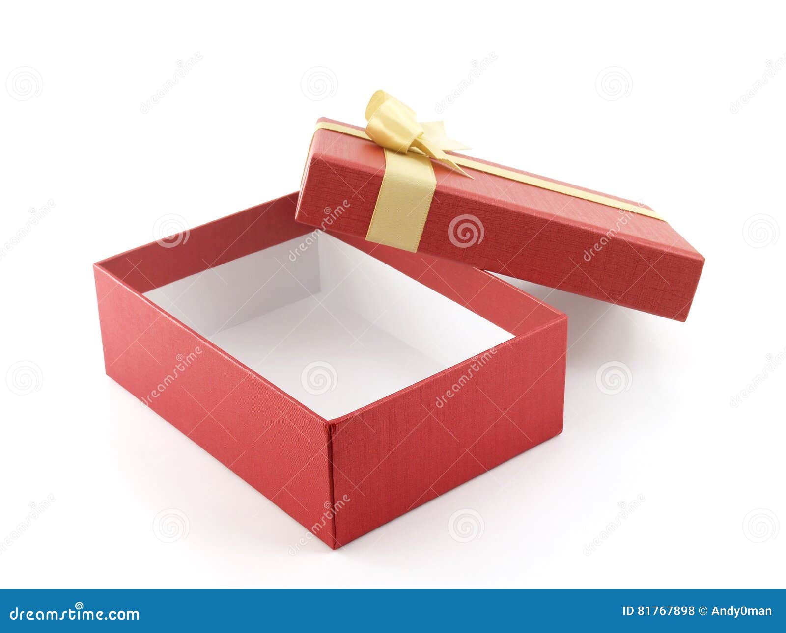 Close Up Single Open and Empty Red Gift Box with Golden Ribbon Bow on ...
