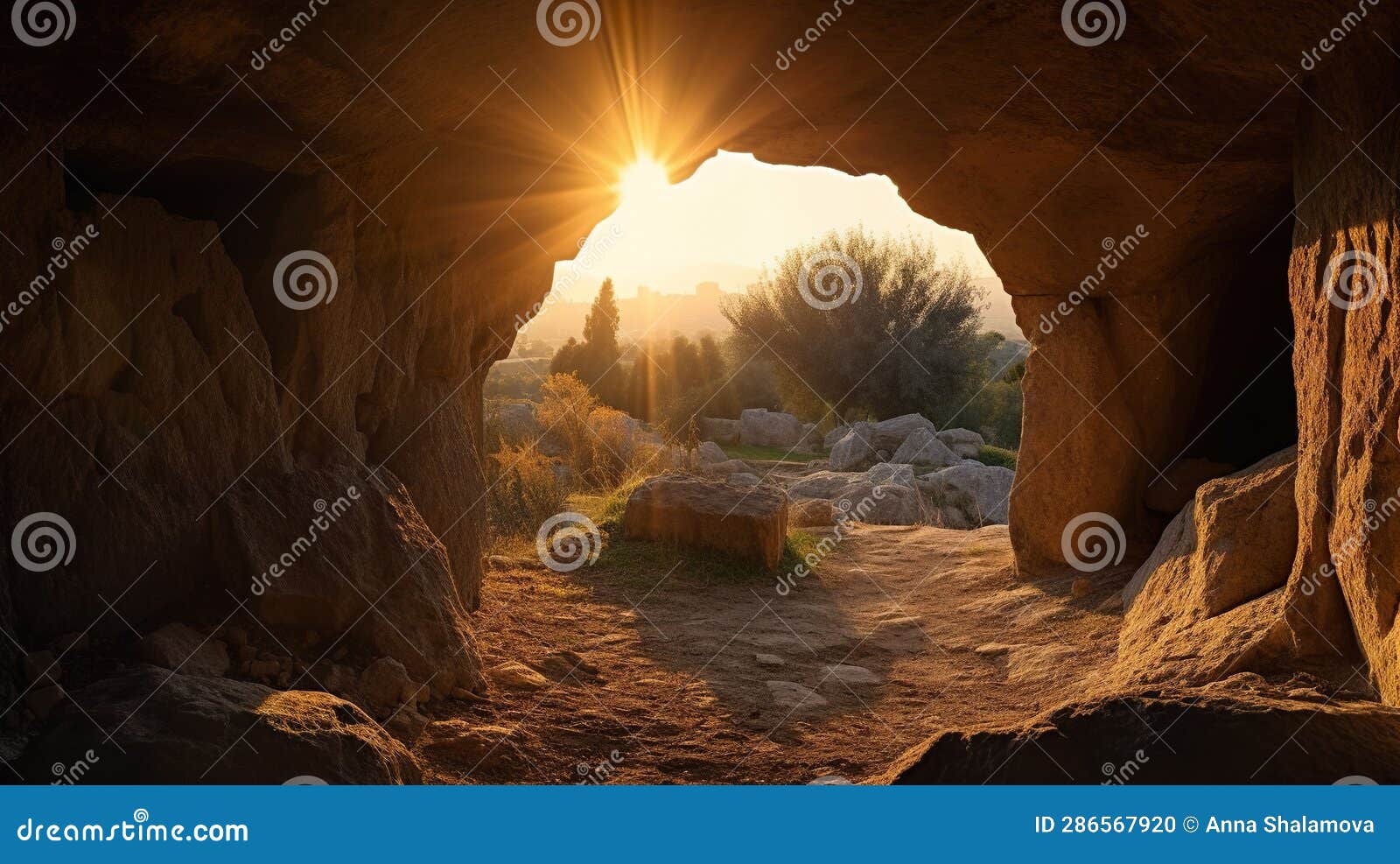 Open Empty Tomb of Jesus with Sunset View Stock Illustration ...