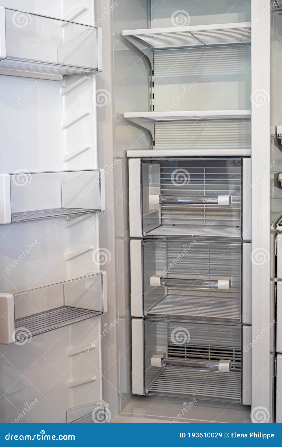 Open Empty White Refrigerator. Side View of Stainless Steel Double Door ...