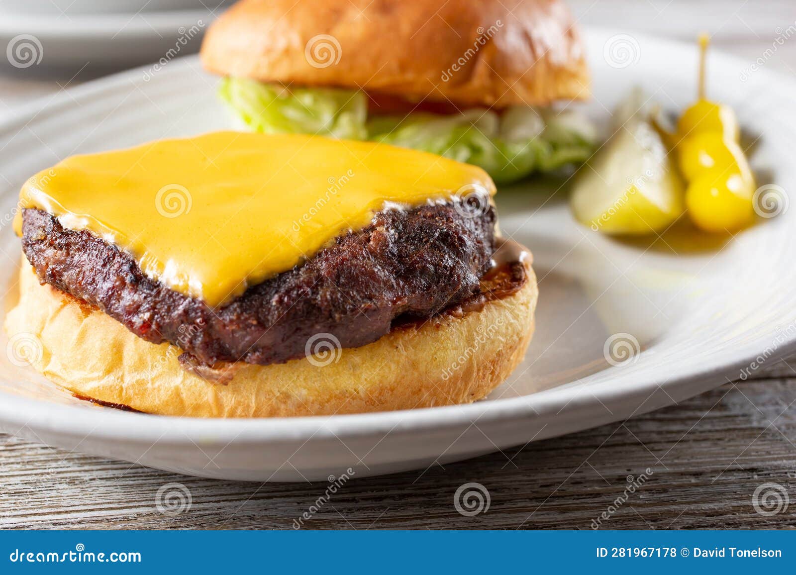 Open Face Cheeseburger Plate Stock Photo - Image of copy, fruit: 281967178