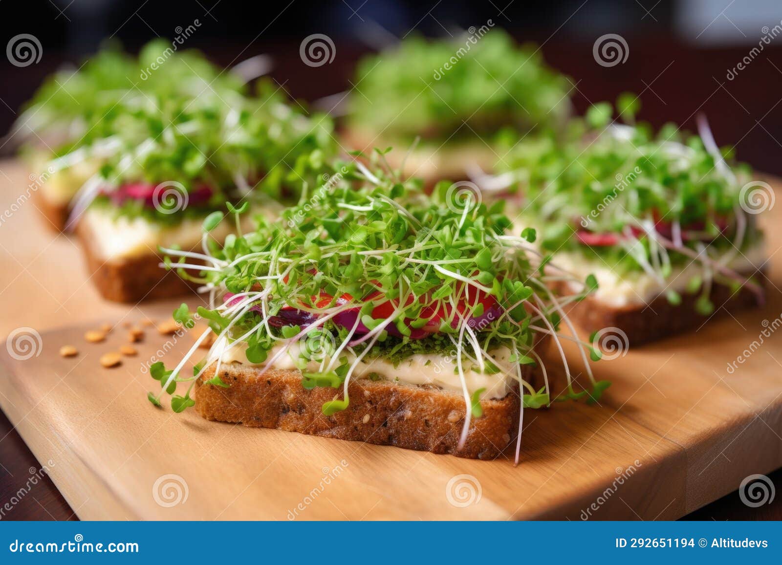Open-faced Sandwich Presentation Showcasing Varying Microgreens Stock ...