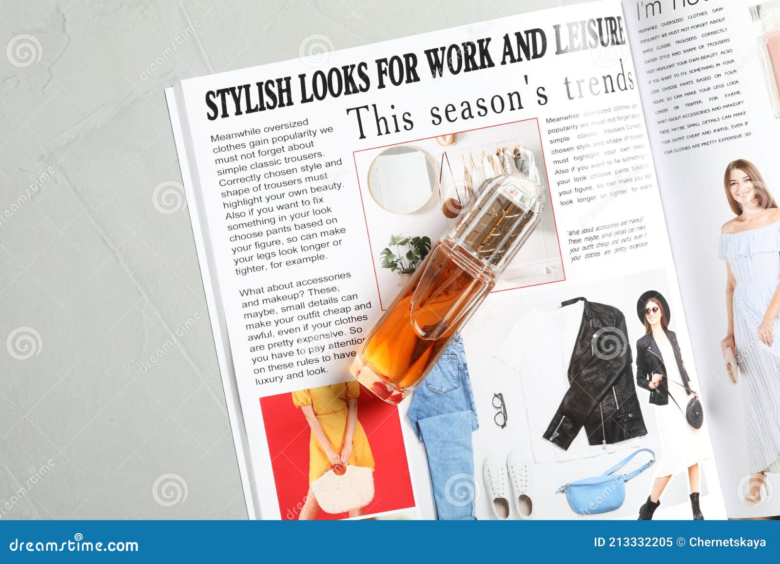 Open Fashion Magazine and Perfume on Grey Table, Flat Lay Stock Image ...