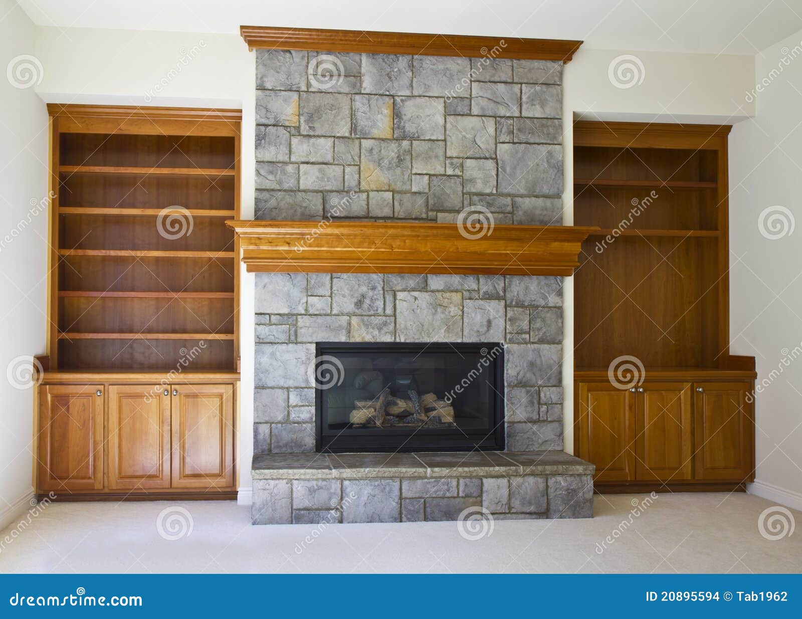 Open Fireplace and Book Shelf Stock Photo - Image of inviting, masonry ...