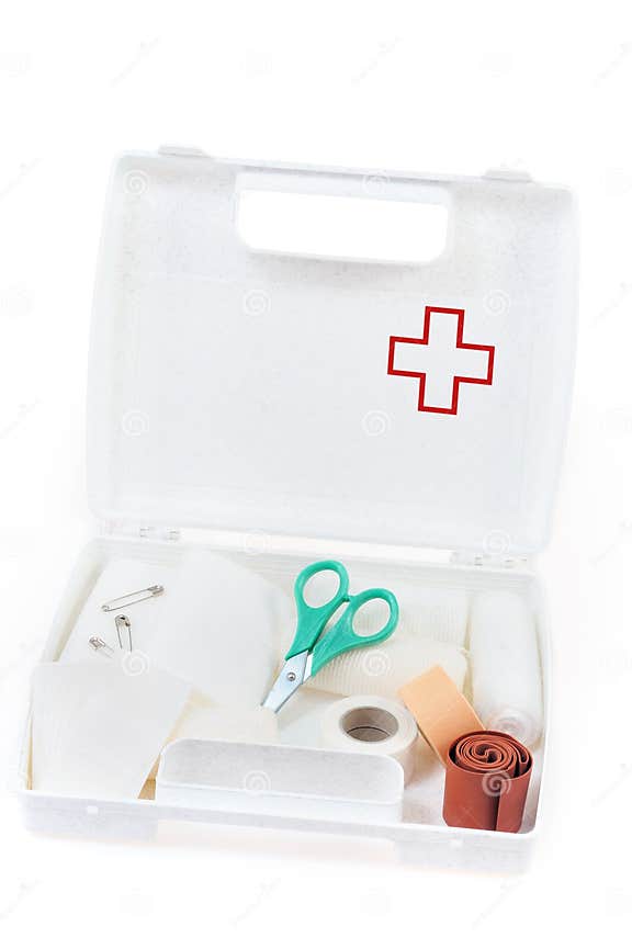 Open First Aid Kit Isolated on White Stock Photo - Image of adhesive ...