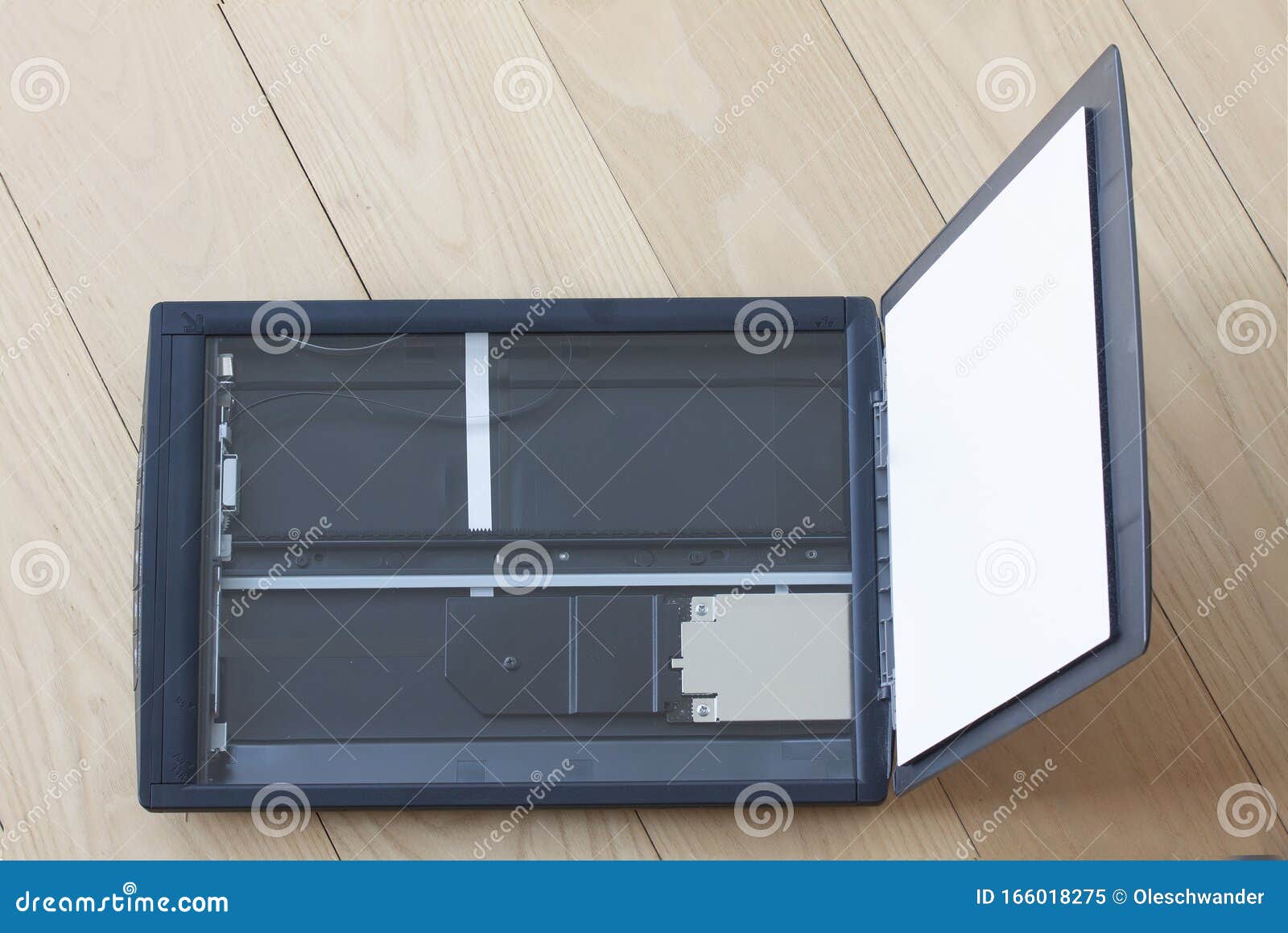Open Flatbed Scanner on Wooden Table. Top View Stock Image - Image of ...