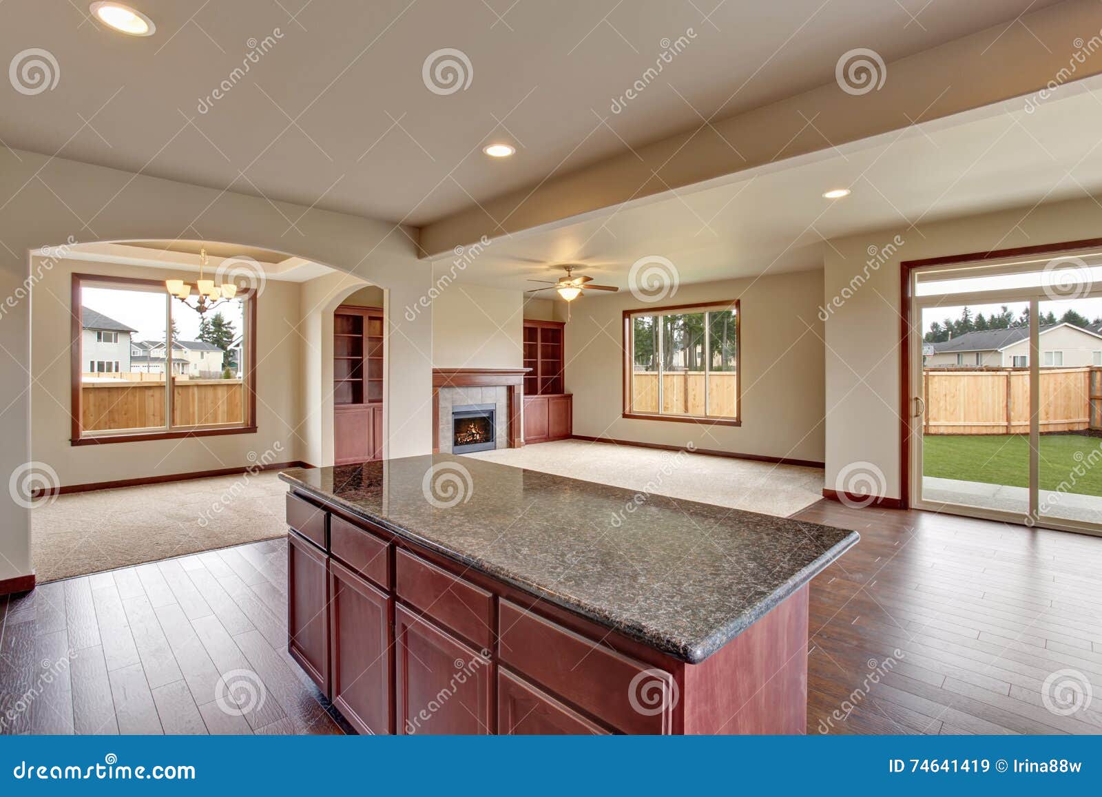 Open Floor Plan Interior with Carpet and Fireplace Stock Image - Image ...