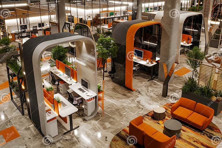 An Open Floor Plan Office with Shared Desks and Private Pods for ...