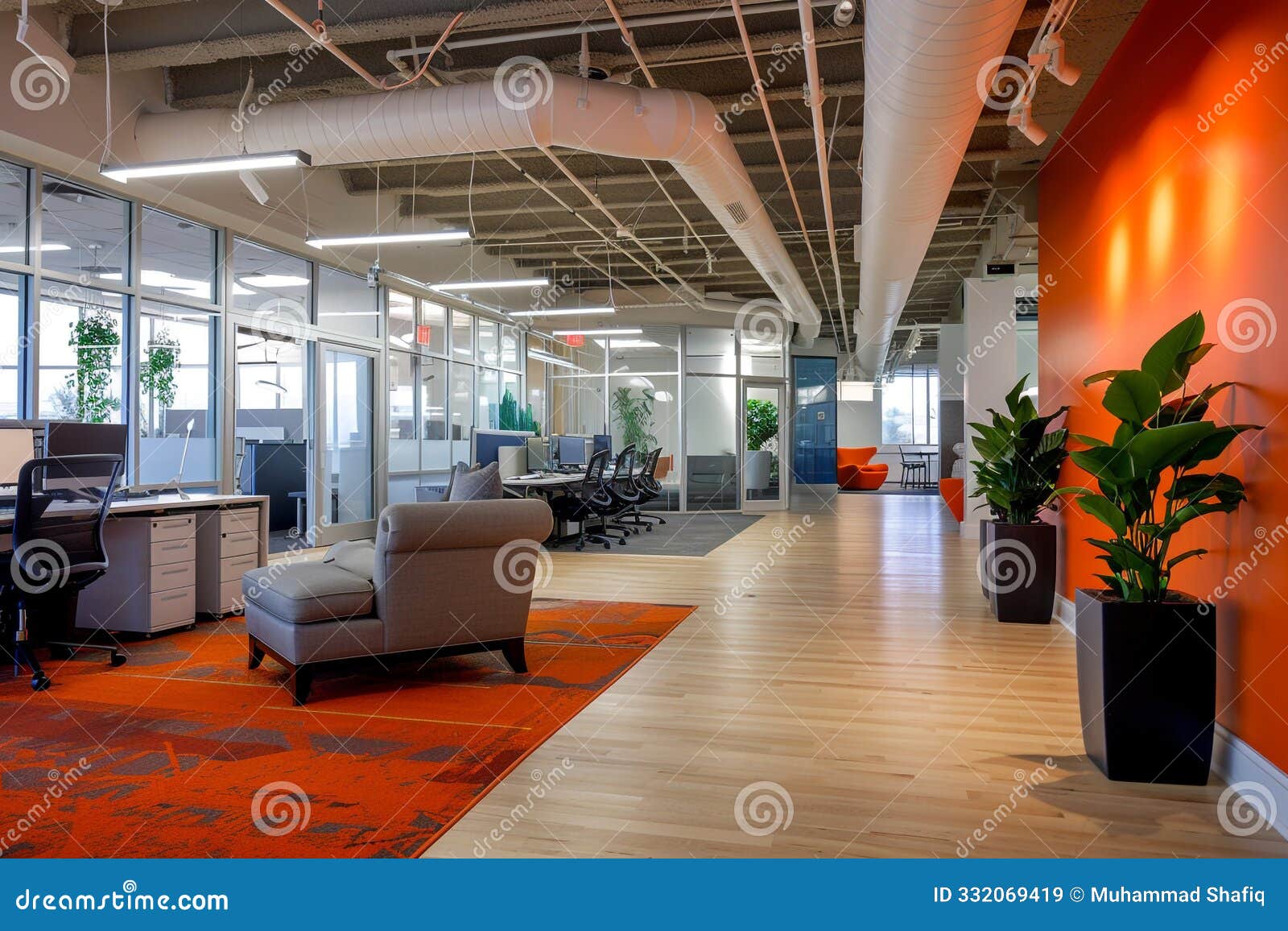 An Open Floor Plan Office with Team Collaboration Zones and Quiet ...