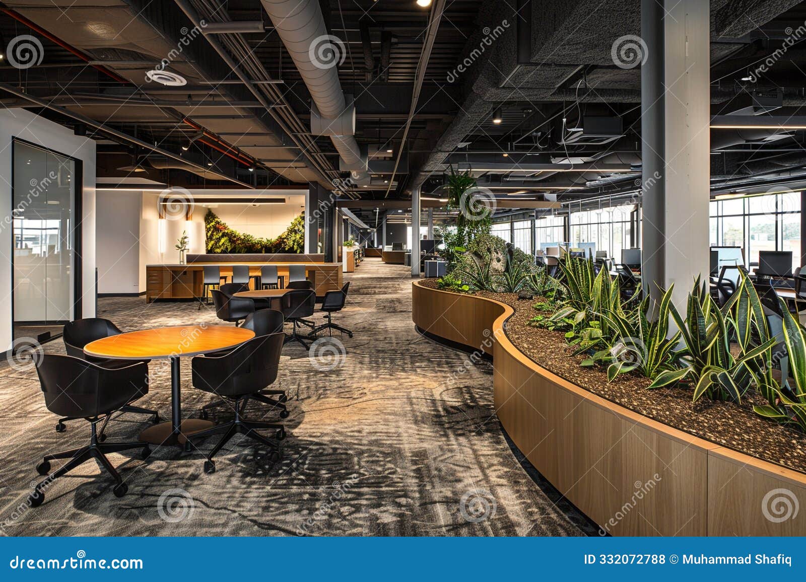 An Open Floor Plan Office with Team Collaboration Zones and Quiet ...