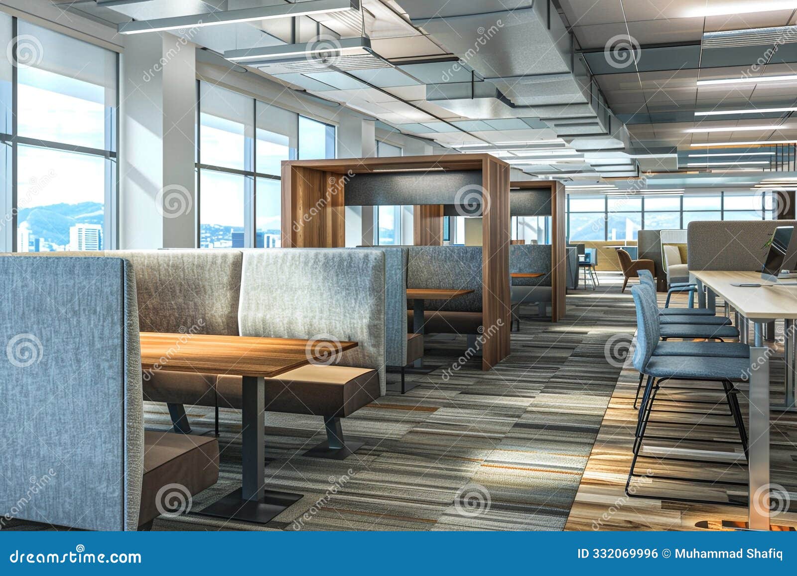 An Open Floor Plan Office with Team Tables and Private Booths for Calls ...