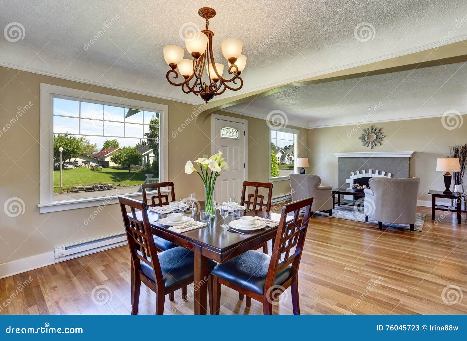 Open Floor Plan. View from Dining Area with Wooden Table Set Stock ...