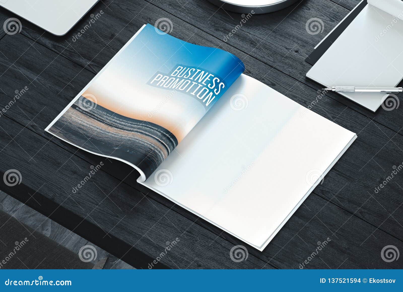 Open Magazine with Blank Pages on Gray Table. Empty Space. 3d Rendering ...