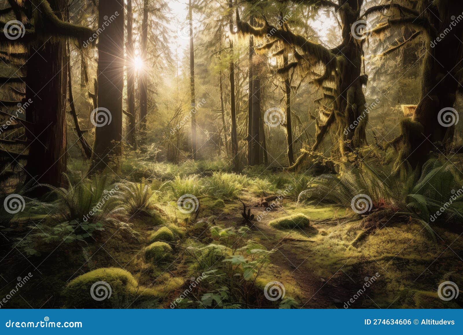 Open Forest with Moss-covered Trees and the Sun Shining through the ...