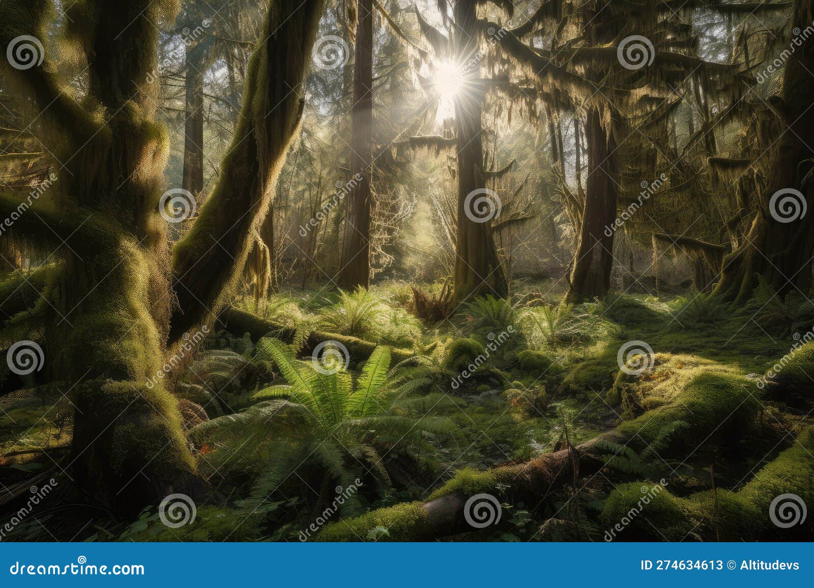 Open Forest with Moss-covered Trees and the Sun Shining through the ...