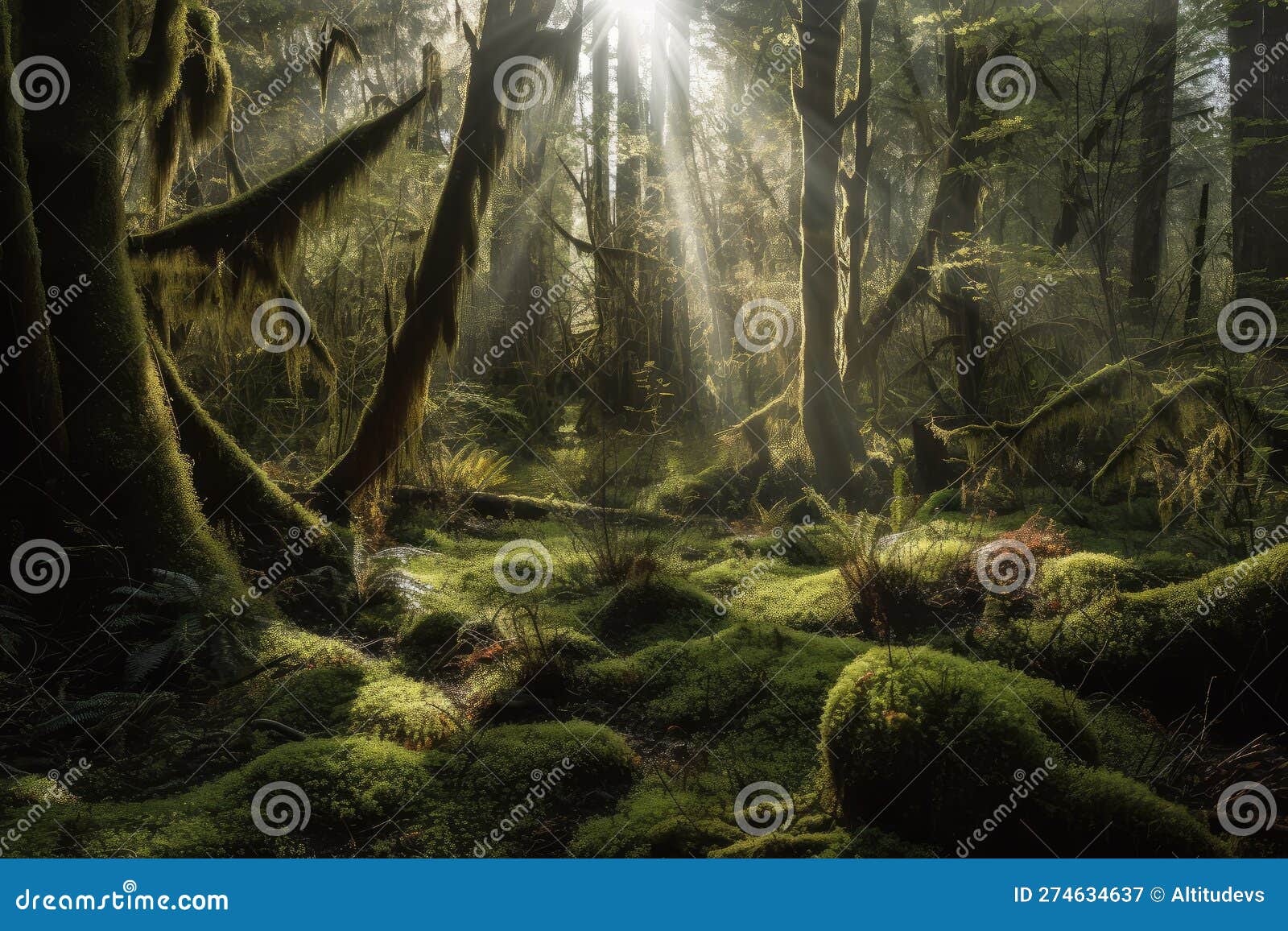 Open Forest with Moss-covered Trees and the Sun Shining through the ...