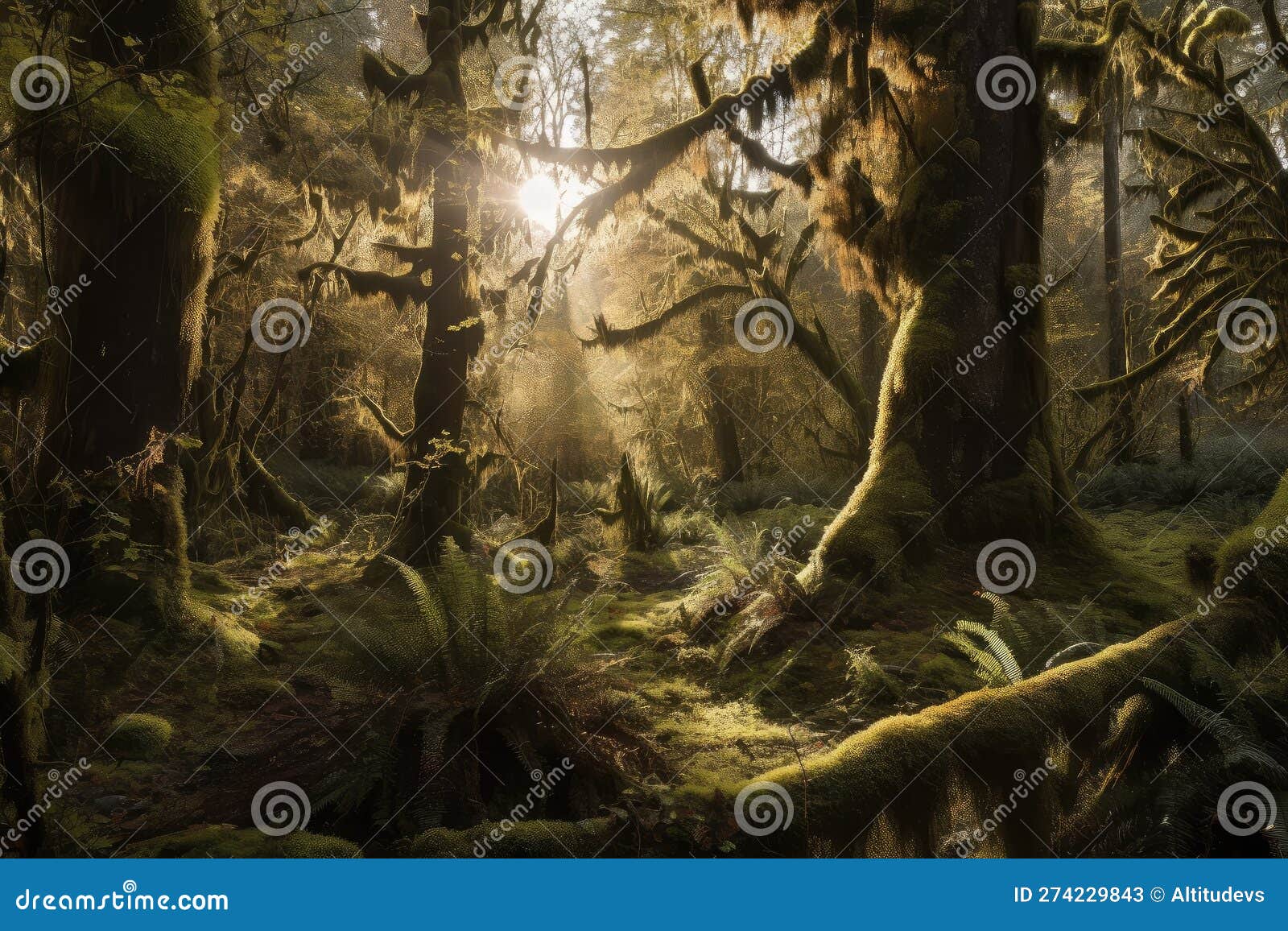 Open Forest with Moss-covered Trees and the Sun Shining through the ...