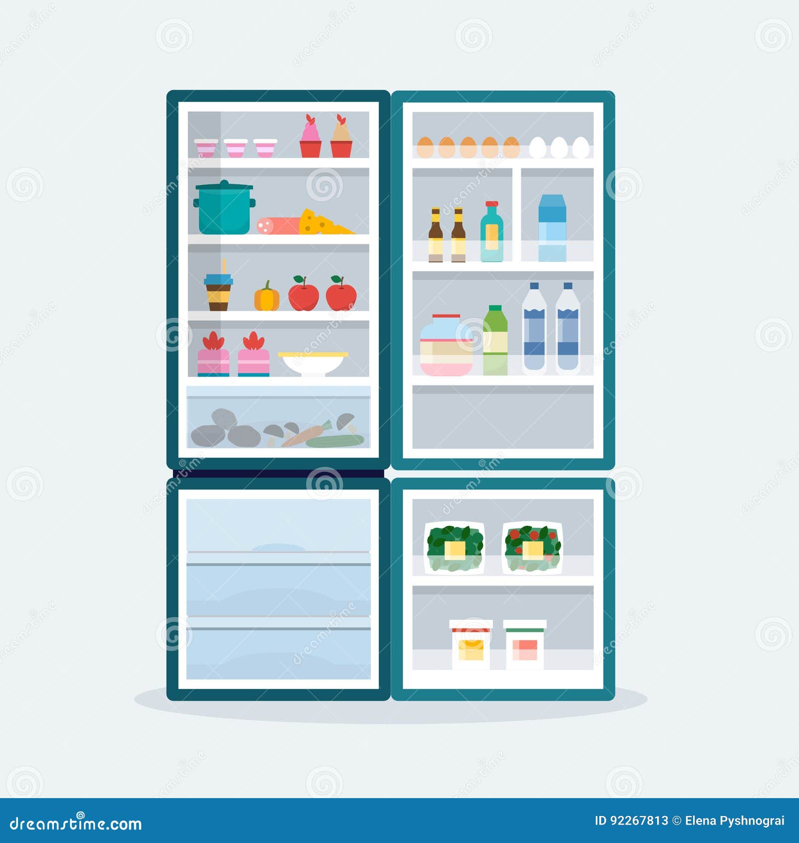 Open fridge with food stock vector. Illustration of element - 92267813