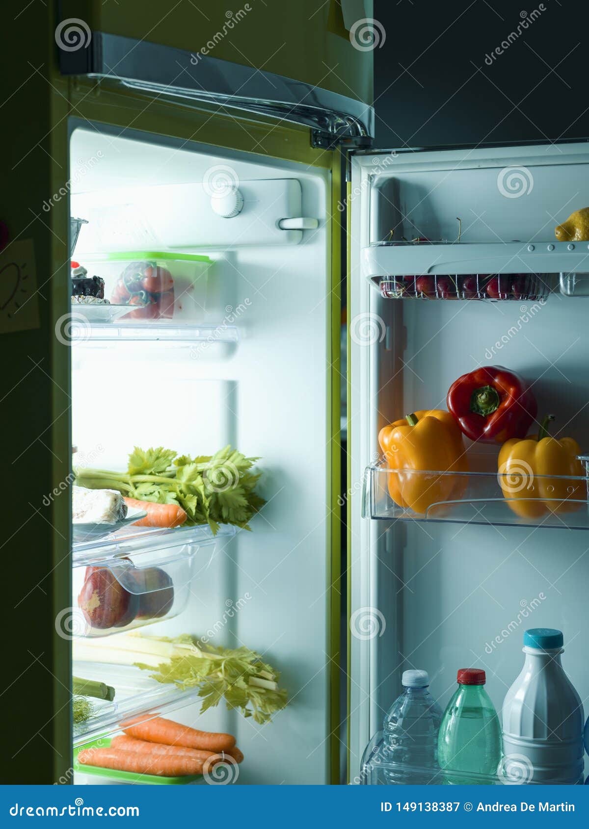 Open fridge in the kitchen stock image. Image of open - 149138387