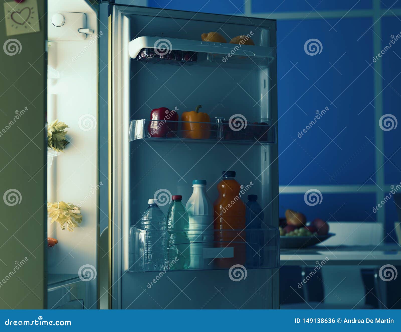 Open fridge in the kitchen stock photo. Image of household - 149138636