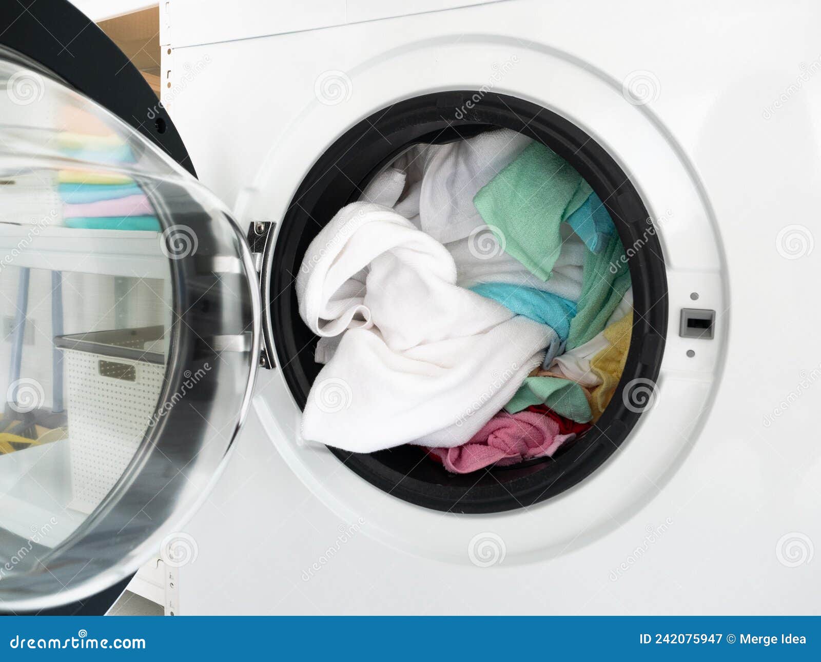 Open Front Load Washing Machine and Put Color Clothes before Press ...
