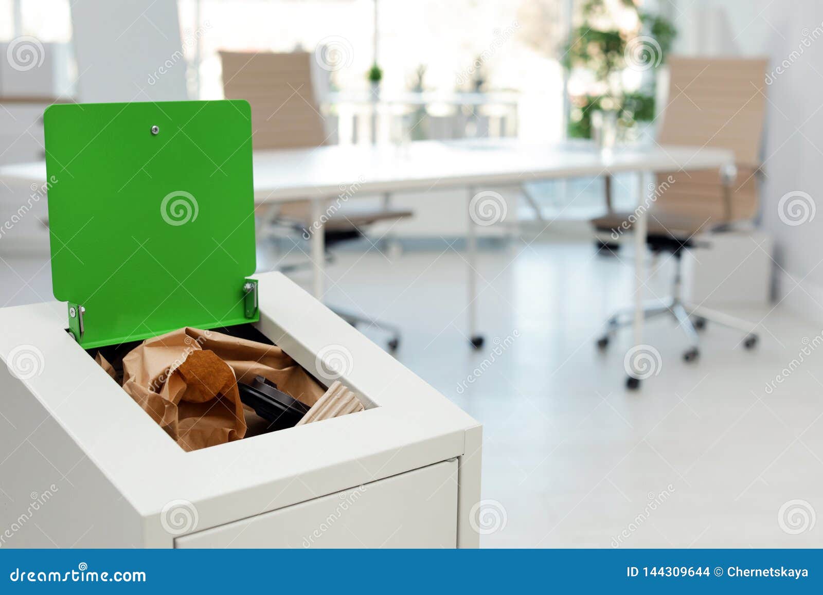 Open Full Trash Bin in Modern Office. Waste Recycling Stock Photo ...