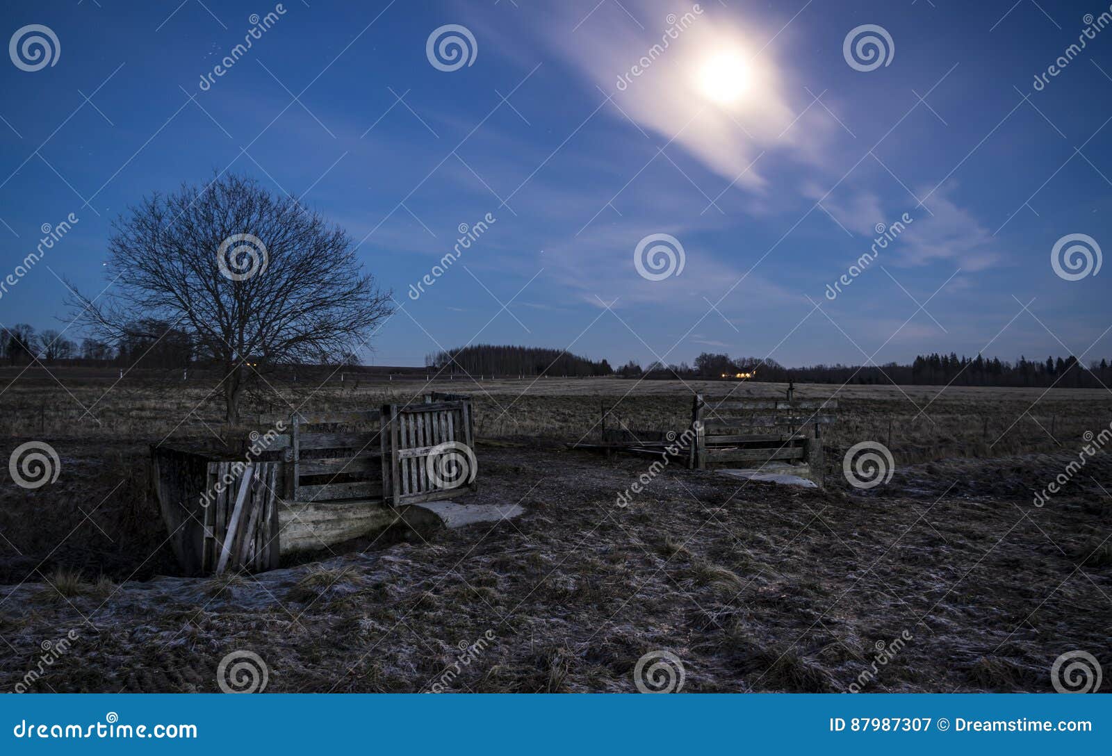 An Open Gate on a Field in the Night with a Full Moon Stock Image ...