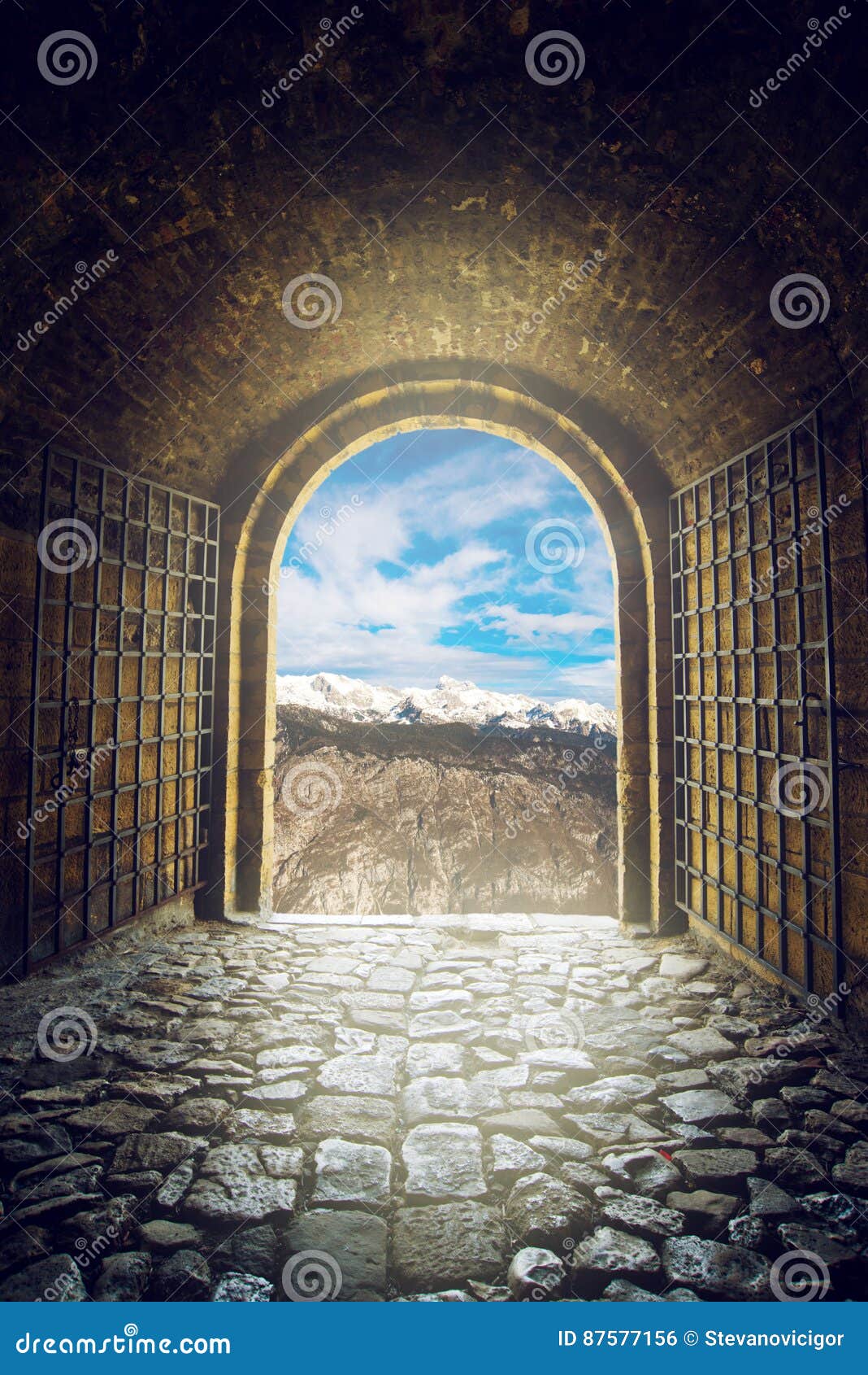 Open Gate with Mountain Range View Stock Photo - Image of light ...