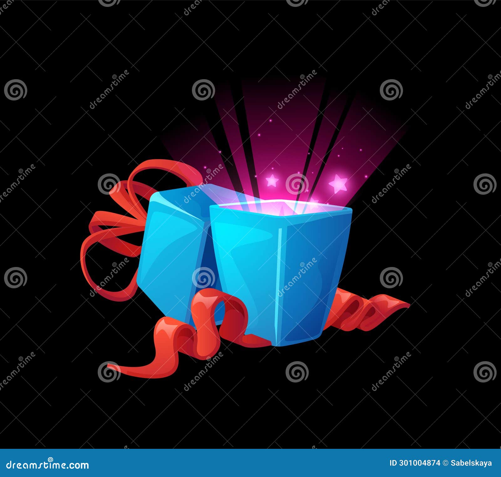 Open Gift Blue Box Decorated Red Bow with Glow from Inside, Vector GUI ...