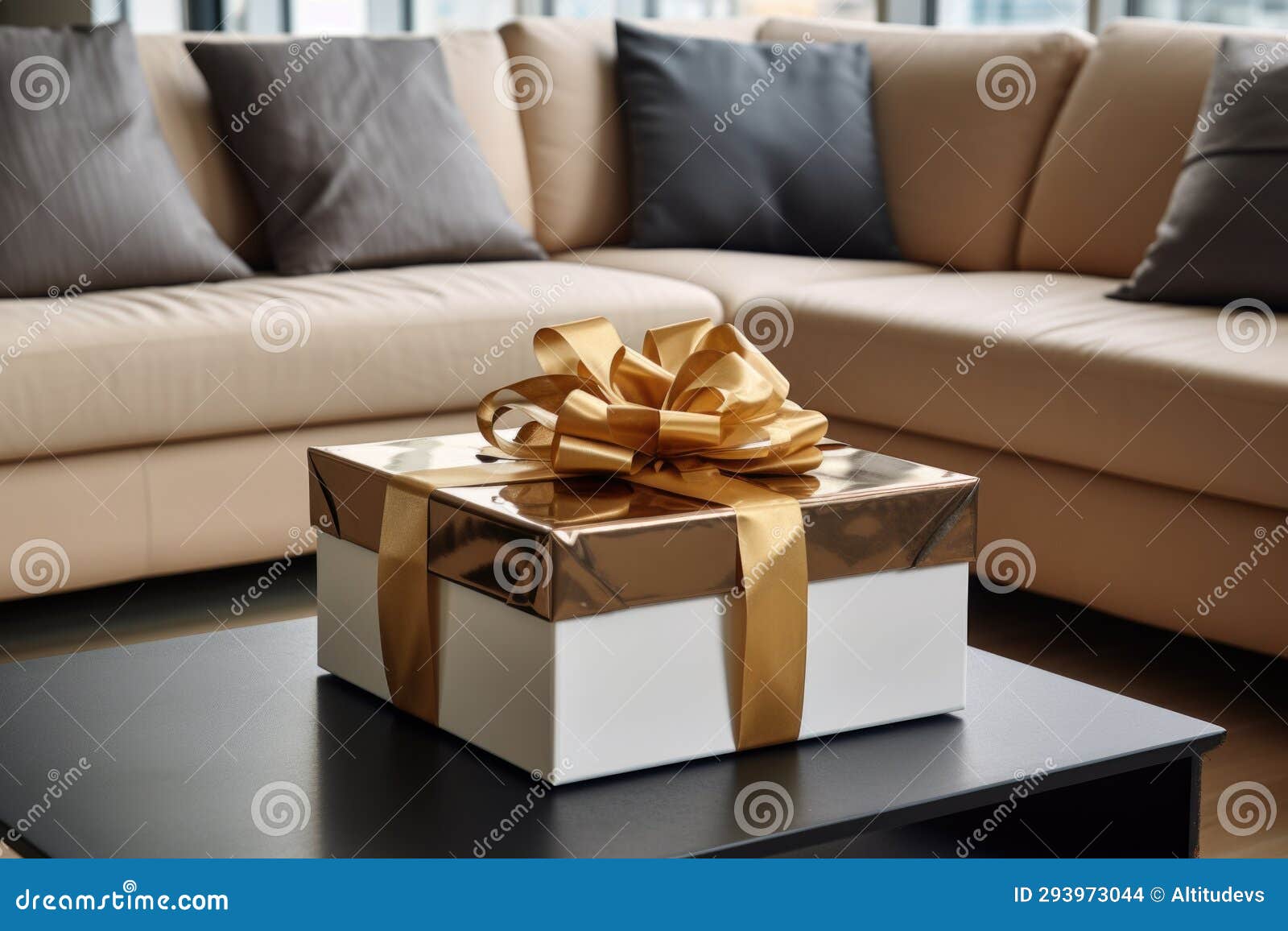 An Open Gift Box on a Classy Living Room Sofa Stock Photo - Image of ...