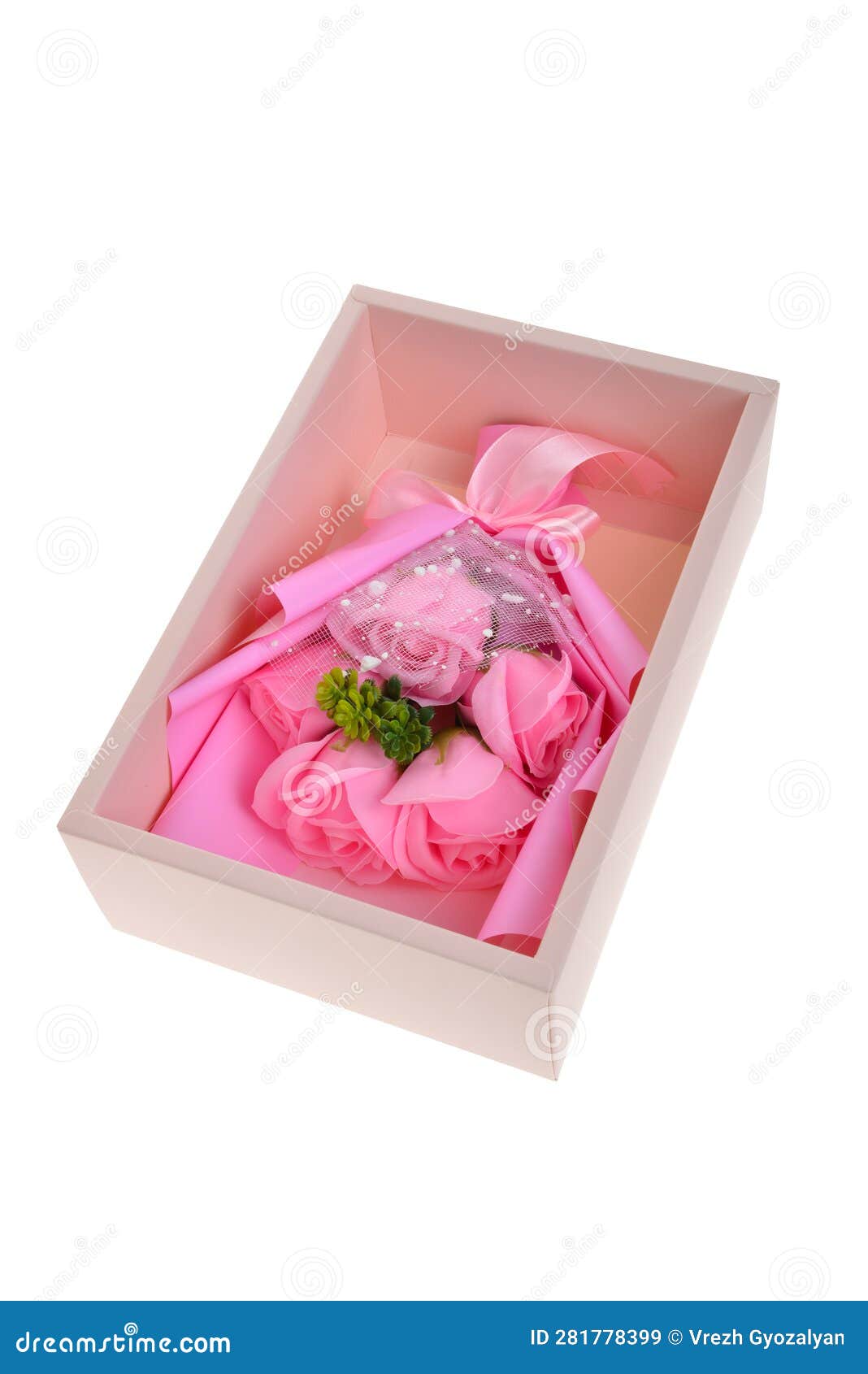 Open Gift Box with Pink Ribbon and Flower Inside, Isolated on White ...